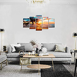 EPHANY Abstract beach canvas wall art Landscape Art - 5 Pieces Canvas Wall Art, Beach Canvas Wall Art, Sunset On Ocean,ocean beach picture,nature landscape (C-5pcs,40"x20")