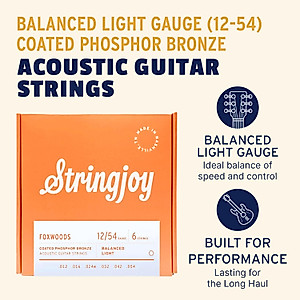 Stringjoy FW1254 Foxwoods Coated Phosphor Bronze Acoustic Guitar Strings 12-54 Light Gauge, Long-Lasting Tone, Smooth Playability, Acoustic Guitar Strings 6 String Set, Premium Guitar Accessories