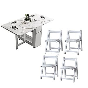 FUNROLUX Folding Dining Table and 4 Piece Folding Dining Chair Set, White Wooden Foldable Dining Table with Padded Seats Chairs
