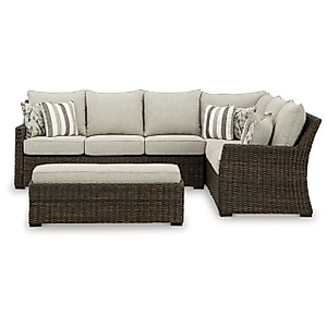 Signature Design by Ashley Brook Ranch Casual Weather Resistant Right Hand Facing Outdoor Sofa Sectional/Bench with Cushion and 6 Throw Pillows, Set of 3, Beige & Dark Brown