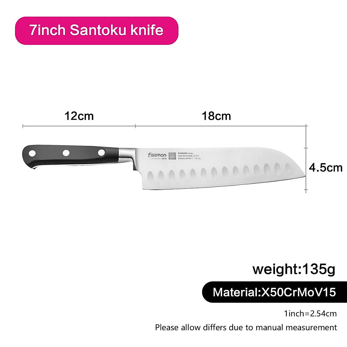 FISSMAN Santoku Knife 7 inch KITAKAMI Series Knives (X50CrMoV15 steel) - Stainless Steel Multipurpose Knife Ergonomic Non-Slip Handle