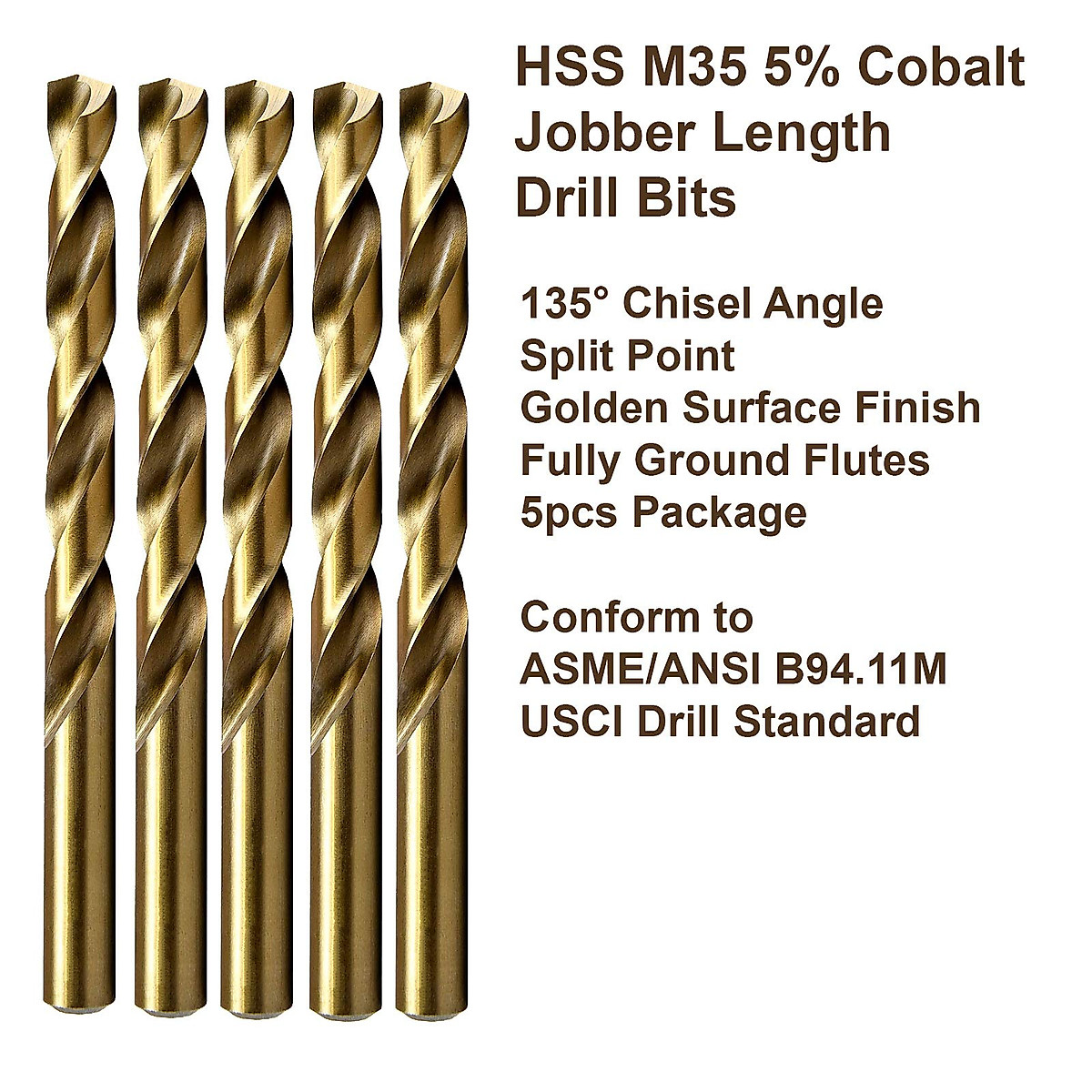 MAXTOOL No.3 5pcs Identical Jobber Length Drills Dia 0.213" HSS M35 Cobalt Twist Drill Bits Wire Gauge Numbered Golden Straight Drills; JBN35G10R03P5