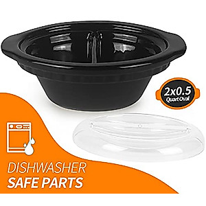 Ateken Supper Mini Slow Cooker 2x0.5 Quart Oval Double-Flavor Black Ceramic Pot Stainless Steel Silver Suit for Dipping Sauce