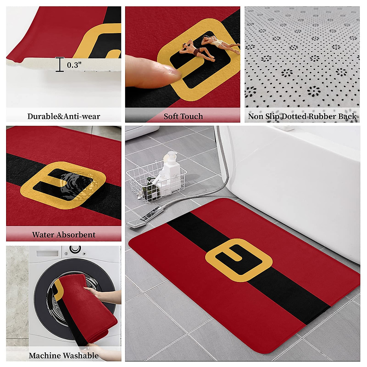 Christmas Bath Rugs Santa Belt Sponge Doormat Absorbent Non Slip Backing Durable Soft Flannel Mat Red Black Christmas Memory Foam Mats Carpet for Bathroom Kitchen 20 x 32 inches