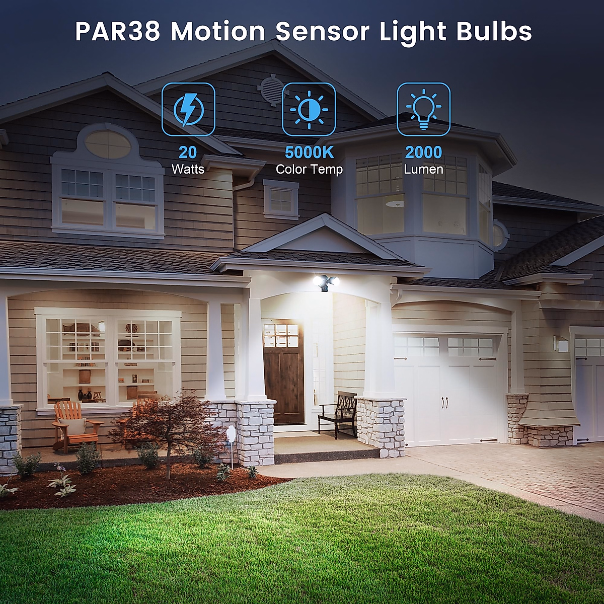 Torkase Upgraded Motion Sensor Light Bulbs, Outdoor Security PAR38 Flood LED Light Bulbs with Light Sensor,E26 Movement Activated 5000K Daylight, 20W 2000LM-150W Equivalent, for Indoor-Outdoor, 2 Pack