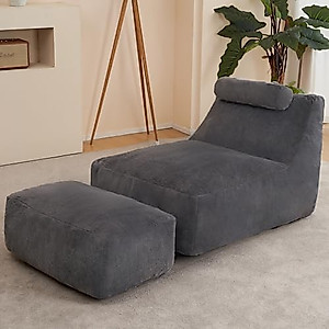 Homguava Bean Bag Chair Large Indoor Beanbag Sofa Lazy Beanbag with Neck Roll&Ottoman Cozy Floor Sofa with Washable Cover&Side Pocket for Bedroom (Grey)