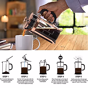 QUQIYSO French Press Coffee Maker 304 Stainless Steel French Press with 4 Filter, Heat Resistant Durable, Easy to Clean, Borosilicate Glass Coffee Press, 100% BPA Free Glass Teapot, 21 ounce, copper