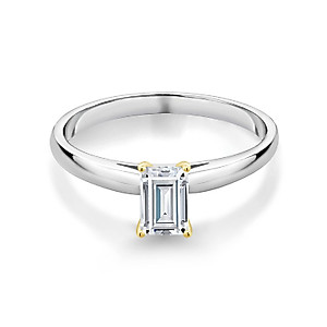 925 Sterling Silver and 10K Yellow Gold Forever Classic Moissanite from Charles & Colvard Women Solitaire Ring (0.58 Cttw, Emerald Cut 6X4MM, Available in size 5, 6, 7, 8, 9)