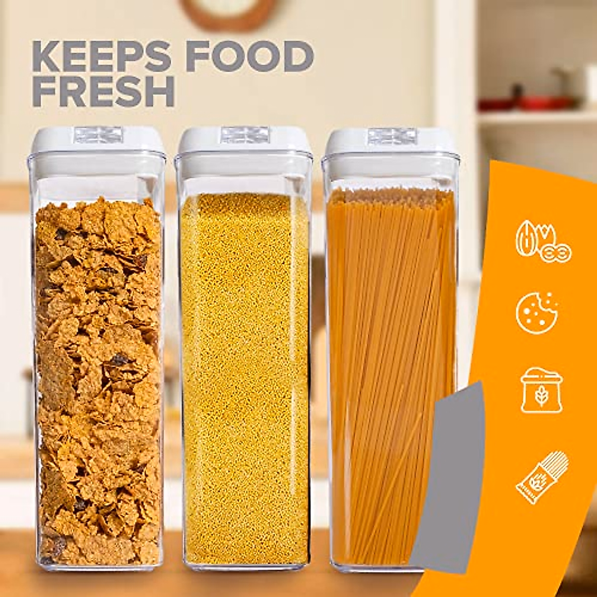 Cheer Collection One Size Airtight Food Storage Containers - Set of 4 IDENTICAL 65 oz Pantry Organizer Bins plus Marker and Labels - White lids