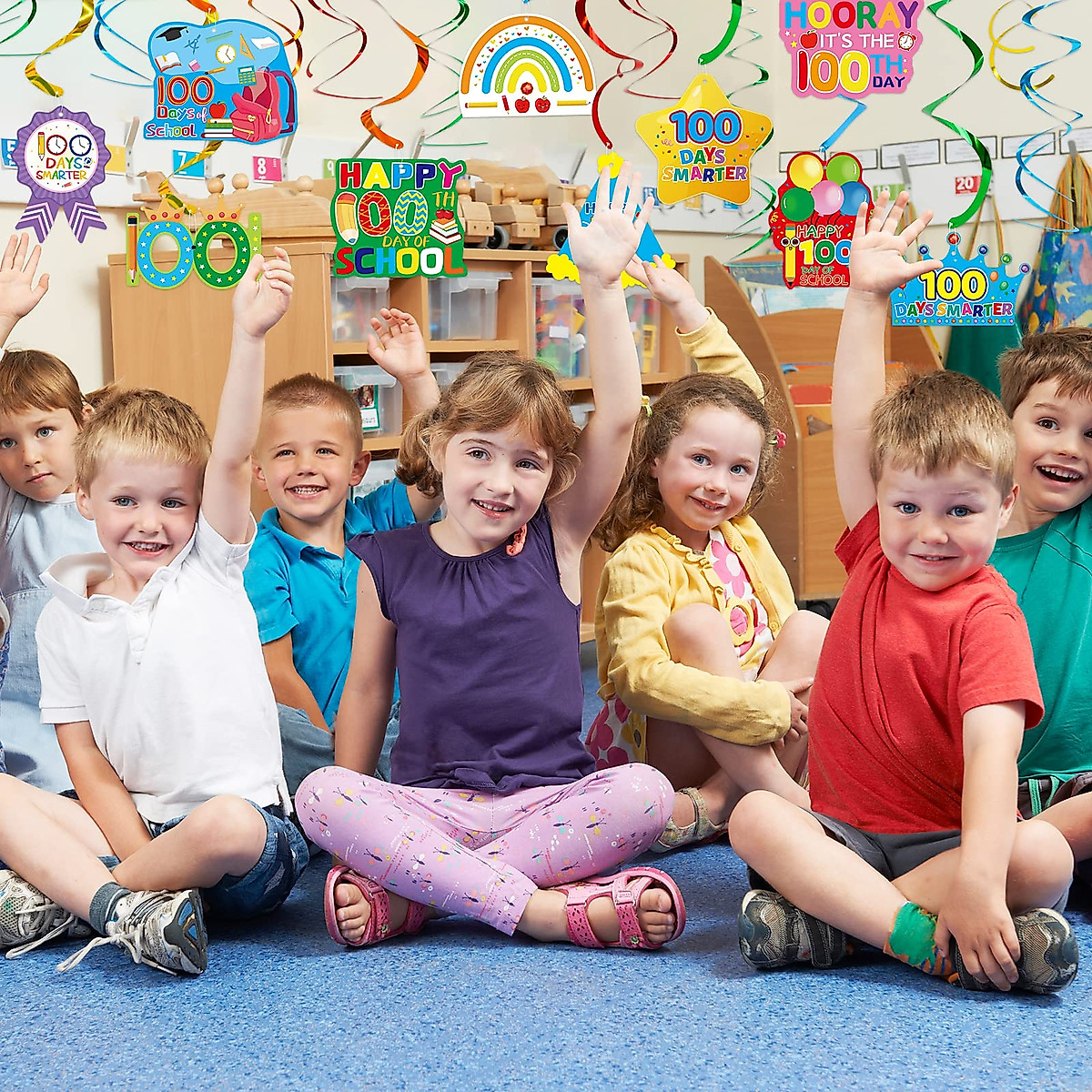 100 Days of School Hanging Swirls Happy 100 Days of Kindergarten School Foil Swirls Ceiling Hanging Decorations for Kids 30Pcs