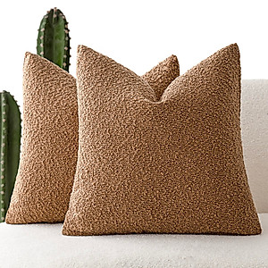 Foindtower Accent Solid Pillow Cases Textured Boucle Throw Pillow Covers Cozy Modern Decorative Couch Cushion Case for Chair Sofa Bed Living Room Home Decor, Pack of 2, 18 x 18 Inch,Tobacco