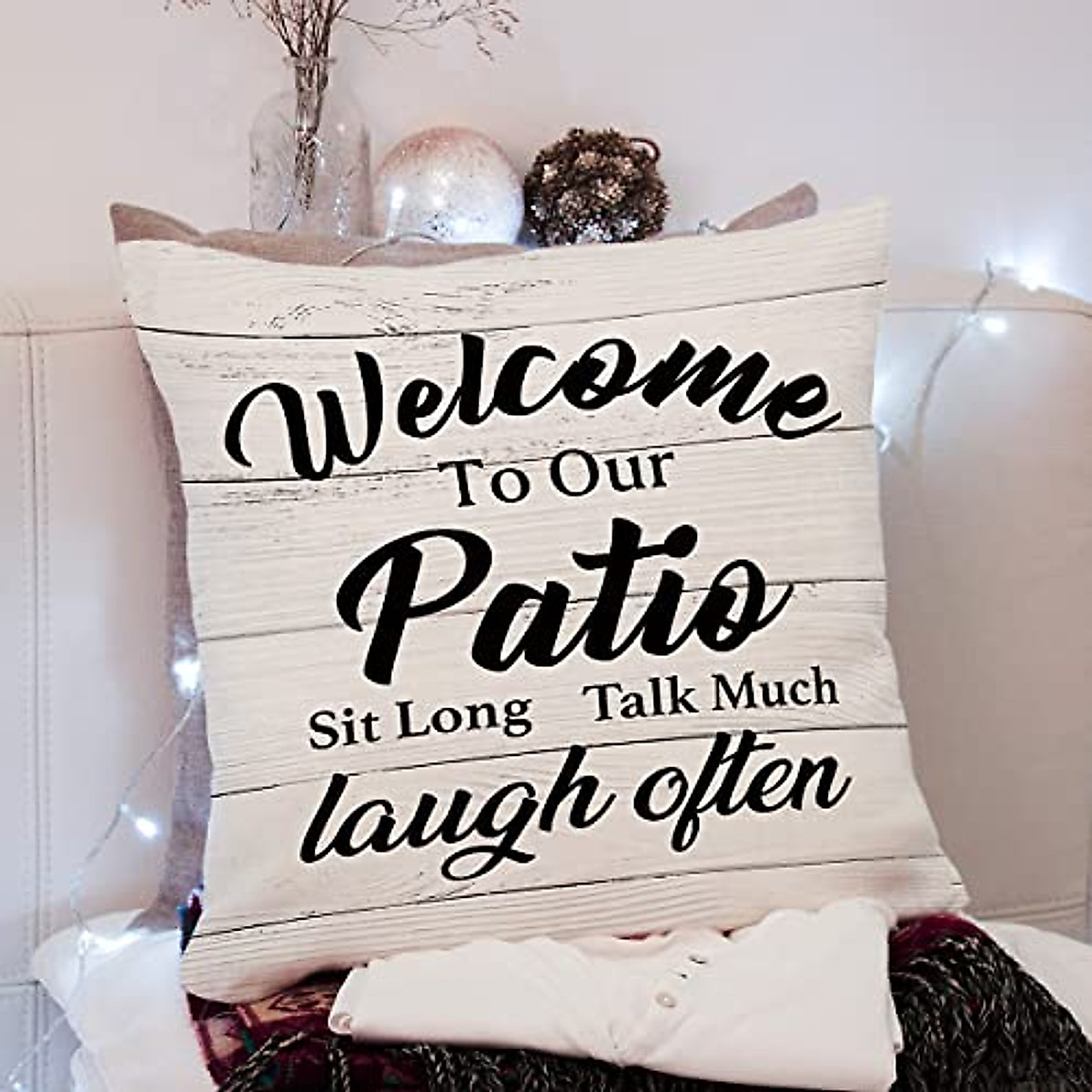 Welcome to Our Patio, Farmhouse Patio Throw Pillow Cushion Covers, Housewarming Gift, Patio Decorative Home Decor, Sofa Living Room Bedroom Rocking Chair, 18 x 18 inch(GMS102)
