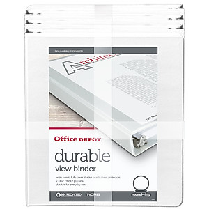 Office Depot® Brand Durable Round-Ring View Binders, 1" Rings, White, Pack of 6 Binders