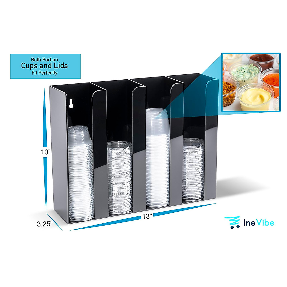 IneVibe Portion Cup and Lid Holder - 4 Compartment Acrylic Organizer for Condiment & Sauce Cups, Fits Cups 2 oz to 5.5 oz in Size, Use Dispenser on Counter or Wall Mount