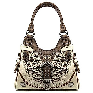 Zelris Women Tote Handbag Western Gleaming Buckle Floral Cowgirl Concealed Carry Purse (Beige)