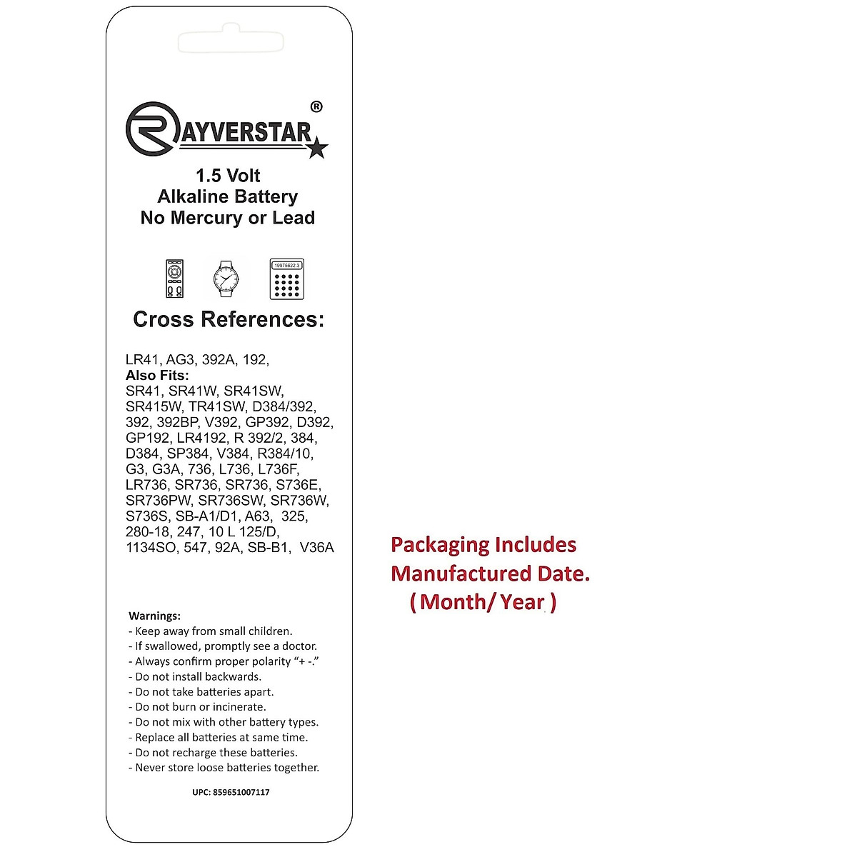 Rayverstar LR41 AG3 1.5 Volt Alkaline (20-Batteries) Fits: 392, 192, SR41, 384, 736, L736F (Full List Below)
