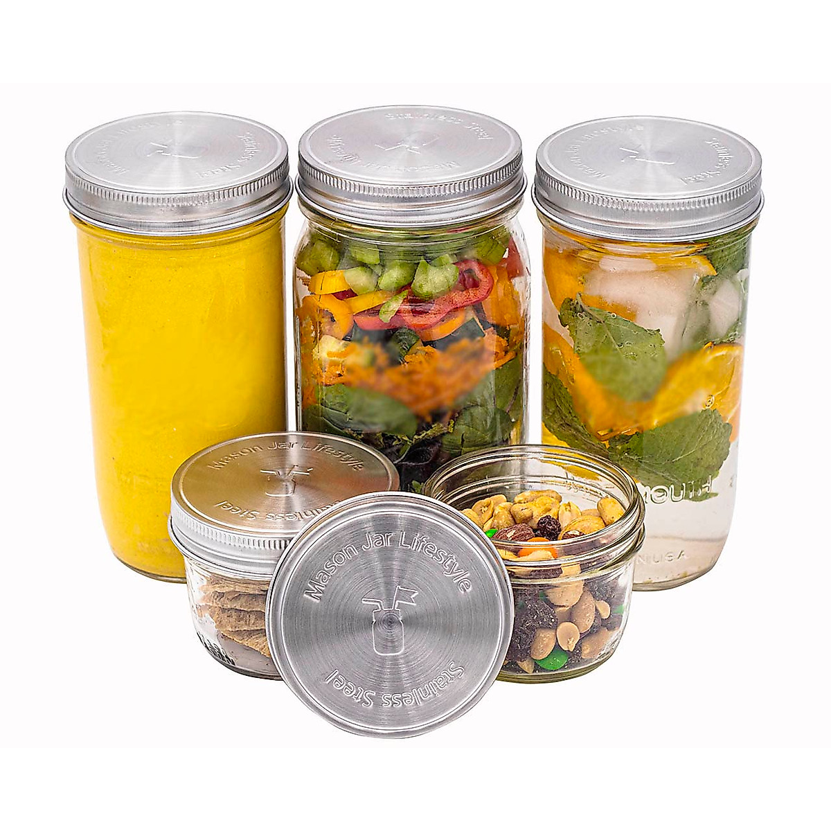 Mason Jar Lifestyle 5 Pack Stainless Steel Storage Lids with Platinum Silicone Liners for Wide Mouth Jars – Heavy Duty Caps for Mason Jars – Airtight & Leak-Proof Design