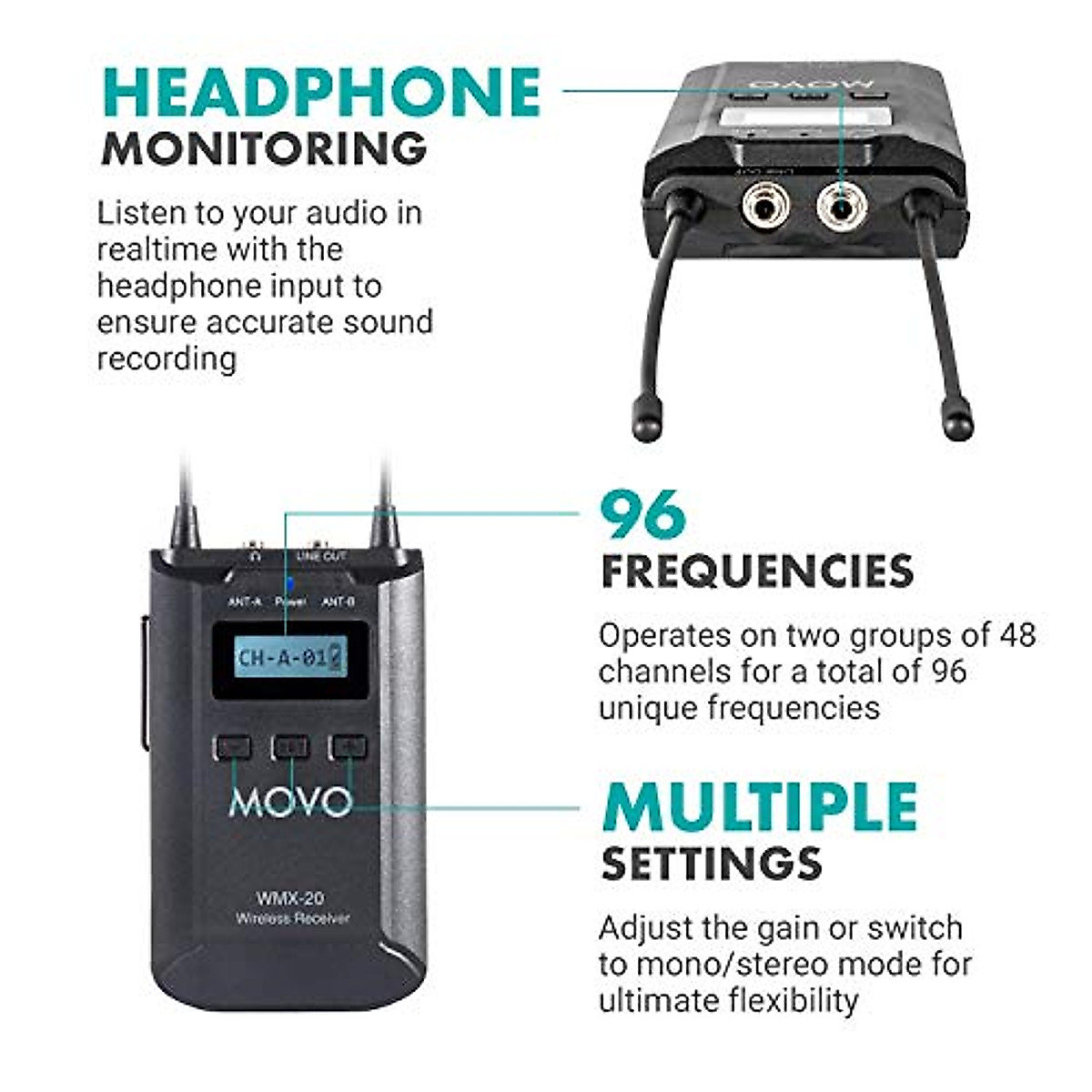 Movo WMX-20-DUO 48-Channel UHF Wireless Lavalier Microphone System with 1 Receiver, 2 Transmitters, and 2 Lapel Microphones Compatible with DSLR Cameras (330' ft Audio Range)