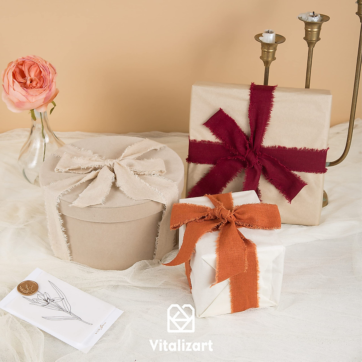 Vitalizart Cotton Ribbon Beige Nude 1-1/2 Inch Linen Ribbon Rustic Frayed Fringes for Gift Wrapping Wedding Invitations Bridal Bouquets Crafts 5 Yard