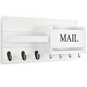 Lwenki Mail Organizer for Wall Mount – Key Holder with Shelf Includes Letter Holder and Hooks for Hallway Farmhouse Decor – Rustic Wood with Flush Mounting Hardware (16.5” x 9.1” x 3.4”) (White)