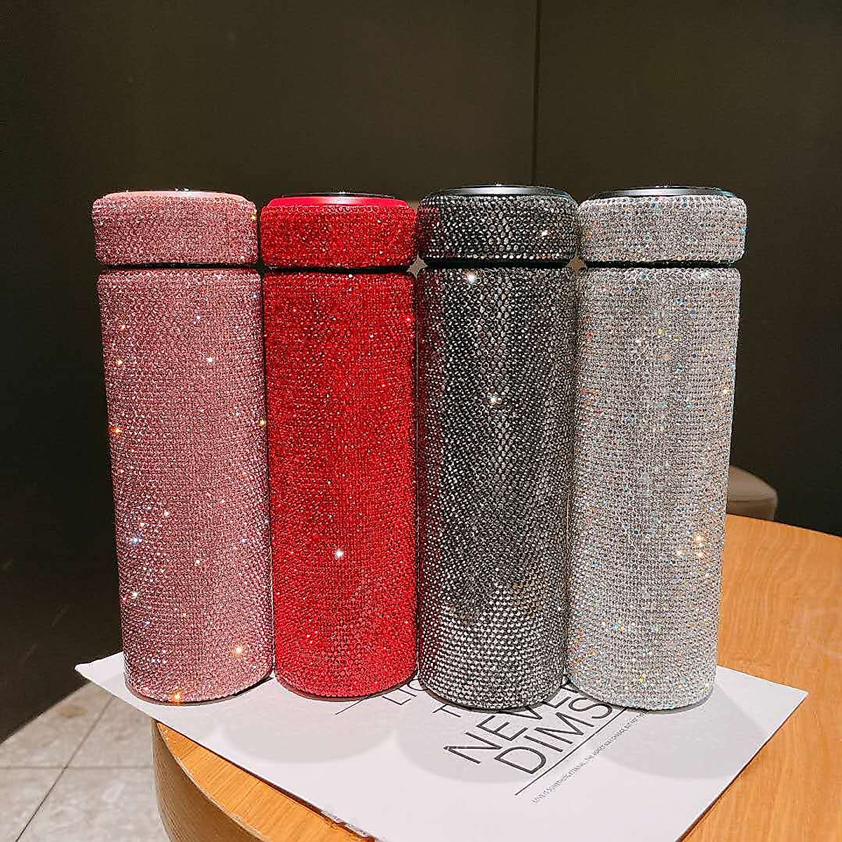 Bling Cup 17oz Rhinestone Water Bottle Glitter Tumbler Diamond Glitter Cups Studded Skinny Insulation Cup Sparkly with LED Number (white)