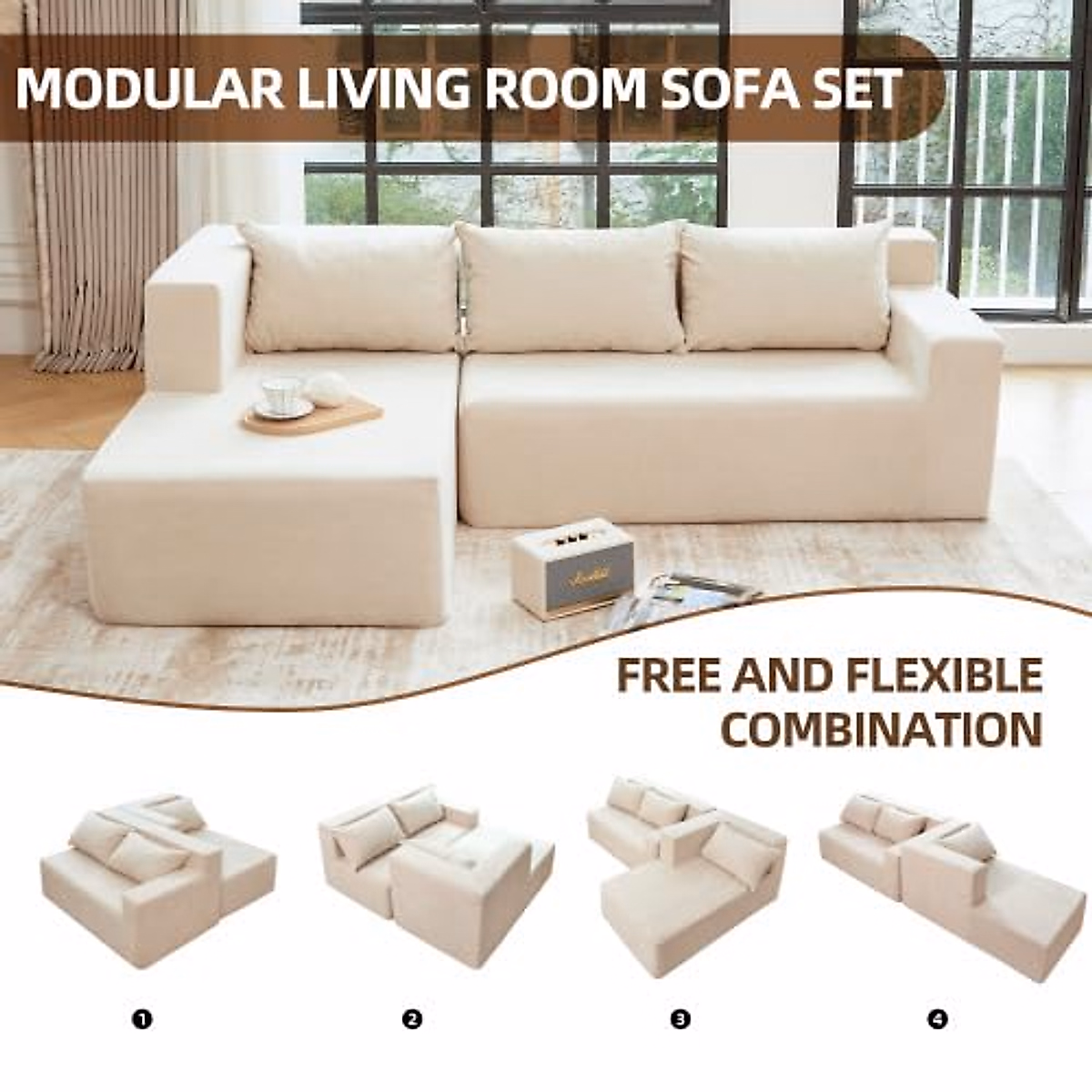 GM Ultra Modular Sectional Sofa, Sectional Couch for Living Room, Modern Modular L-Shape Sectional Sofa with Chaise Lounge, Corner Sofa Couch, Sectional Sofa Set for Bedroom, Apartment, Light Khaki