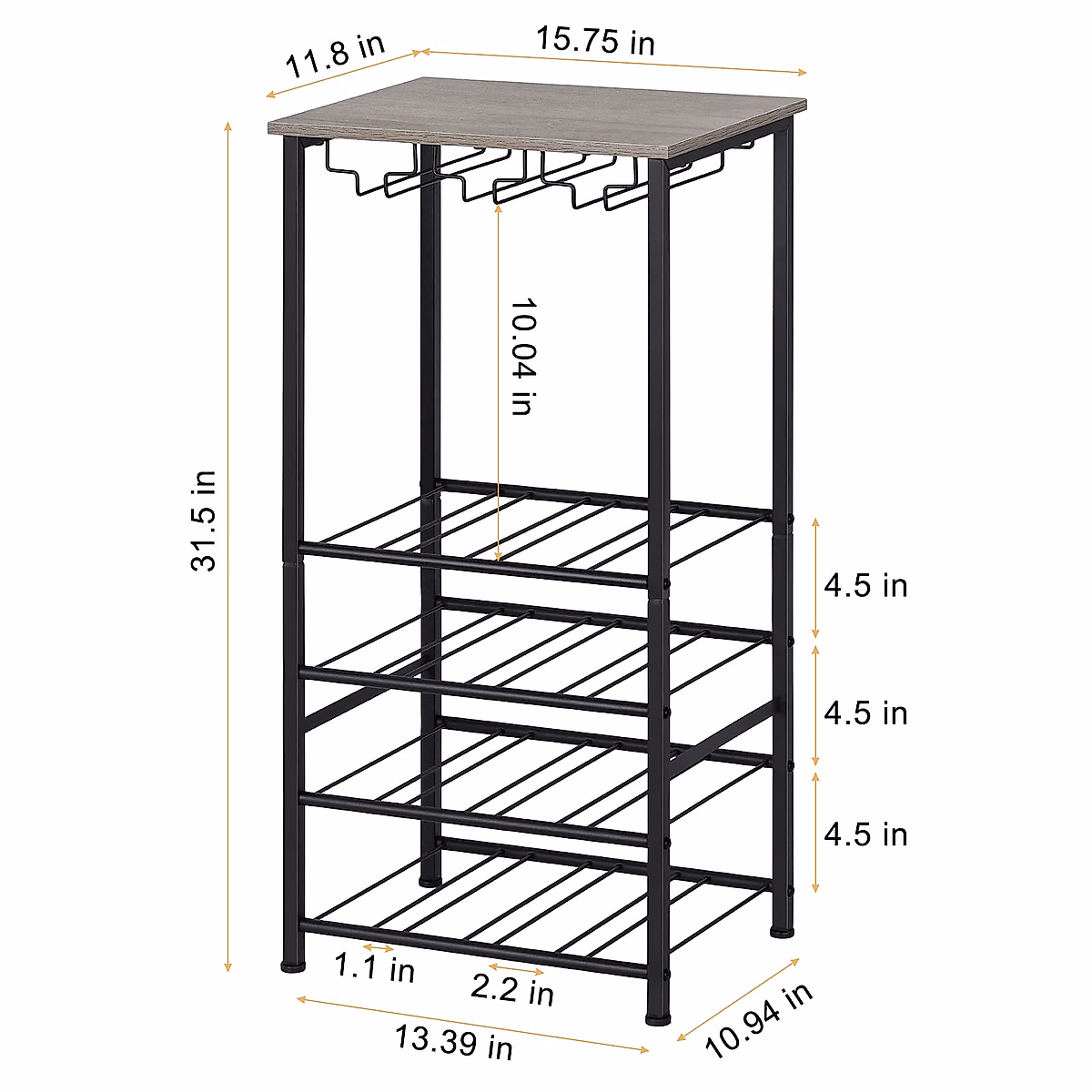 Wine Bottle Holder, Wine Rack Freestanding Floor with Glass Holder Rack, Wood Tabletop & 16 Bottles Holder, Wine Liquor Cabinet Bar for Home Kitchen, Dining Living Room, Gray Oak