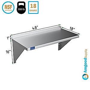AmGood 18" Width x 48" Length | Stainless Steel Wall Shelf | Square Edge | Metal Shelving | Heavy Duty | Commercial Grade | Wall Mount | NSF Certified