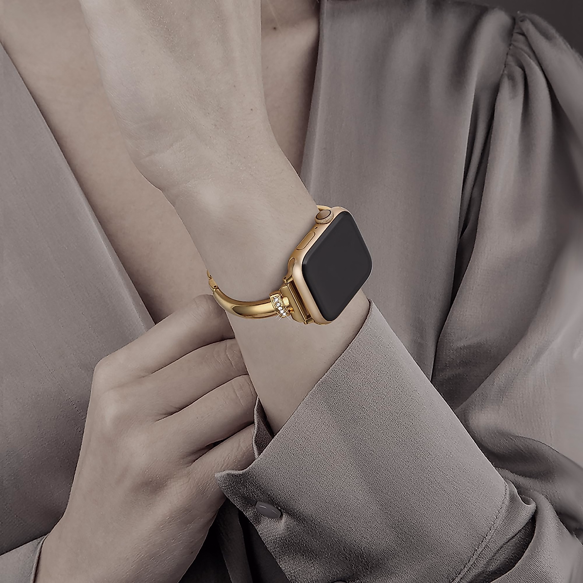 Secbolt Bands Compatible with Apple Watch Band 38mm 40mm 41mm 42mm(Series 10) iWatch SE Series 10/9/8/7/6/5/4/3/2/1, Slim Dressy Metal Bracelets with Rhinestones for Women, Yellow Gold