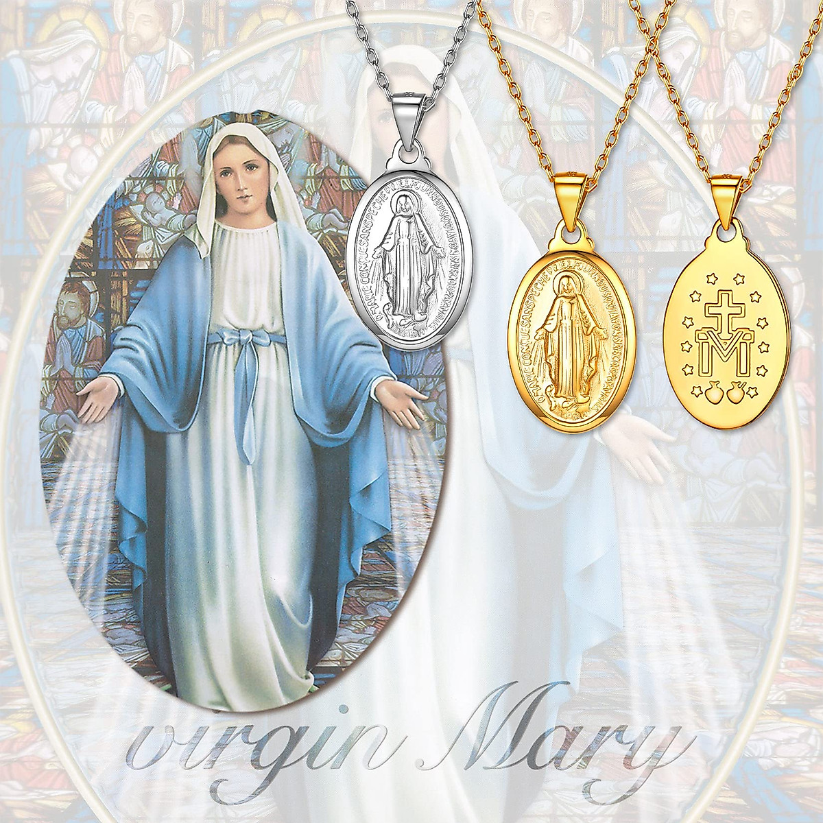 U7 925 Sterling Silver Virgin Mary Necklace Pendant with 20" Chain Catholic Gift for Women Gilrs Oval Miraculous Medal Jewelry