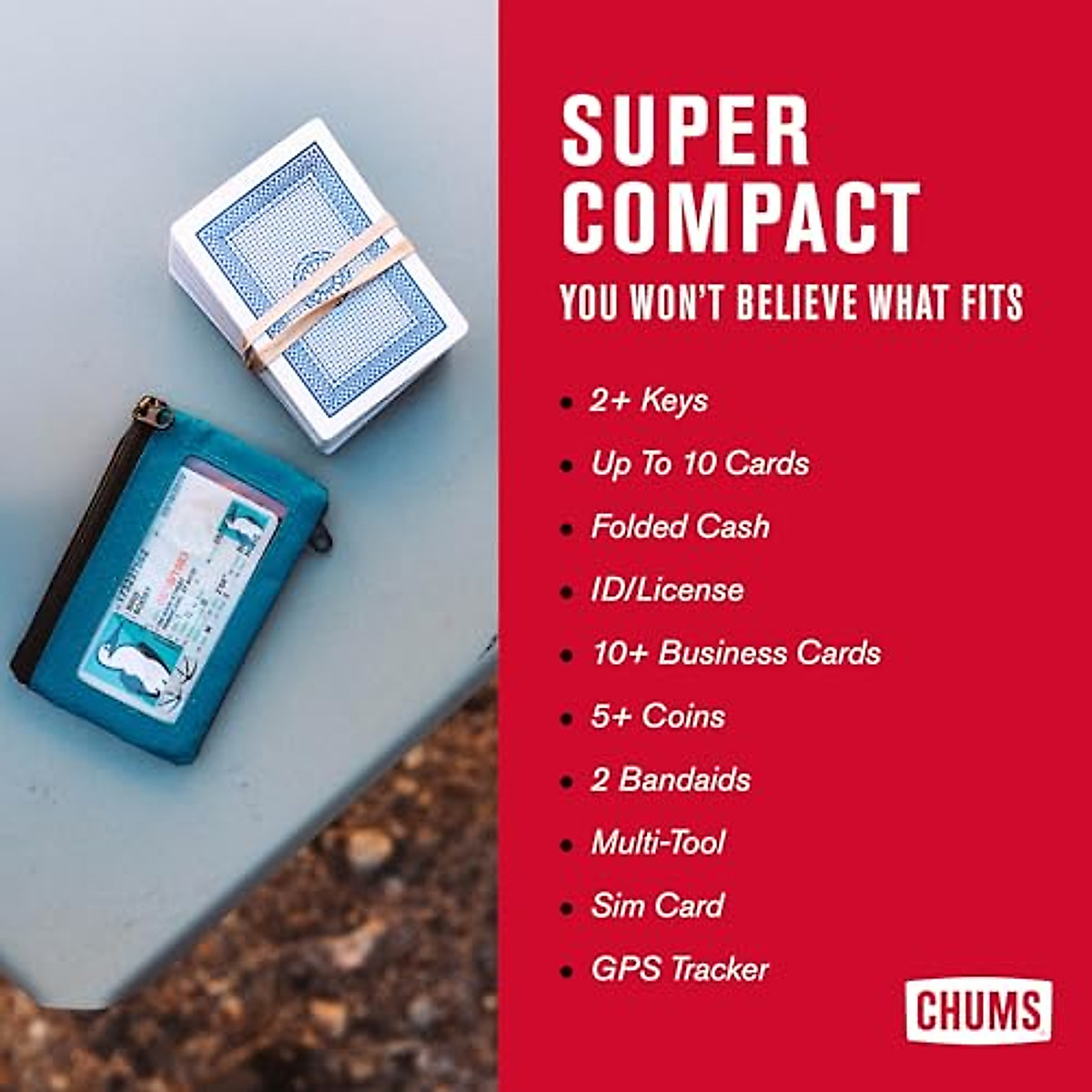 Chums Surfshorts Wallet - Lightweight Slim Wallet with RFID Blocking Card & Clear ID Window - Zippered, Minimalist Wallet w/Key Ring (Tri - Pink/Tan/Aqua)