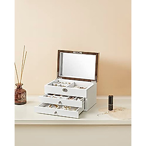SONGMICS Jewelry Box, 3-Tier Jewelry Organizer Box, Locking Jewelry Case with Large Mirror, 2 Drawers, Gift Idea, for Rings, Earrings, Bracelets, Necklaces, White and Wood Grain Color UJOW15WN