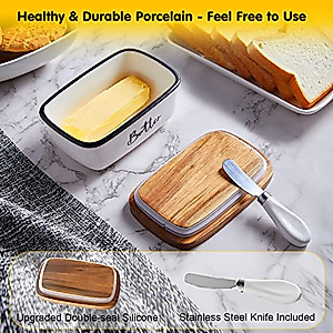 Butter Dish with Lid and Knife for Countertop, Airtight Butter Keeper for Counter or Fridge, Ceramic Butter Container with Thick Acacia Wood Lid, for Modern Kitchen Decor and Accessories, White