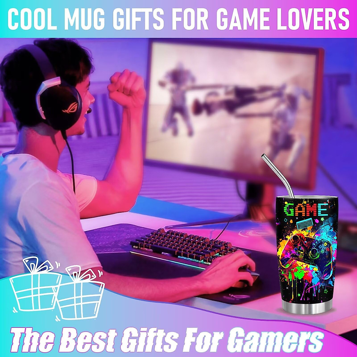 Gamer Gifts, Gifts for Gamers, Cool Gamer Present for Men Teenage Teen Boys Boyfriend, Gaming Mugs Stuff, Video Games Party Favors, The Game Men Boy Birthday Room Decor Stainless Steel Tumbler 20oz