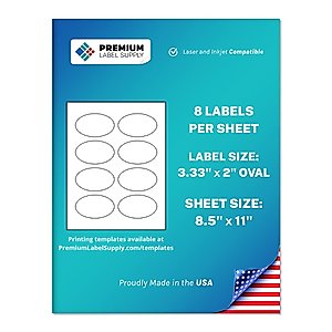 Premium Label Supply White Sticker Oval Labels – 3.33" x 2" Oval – Laser/Inkjet Compatible – (8 per Sheet), 25 Sheets – 200 Total Adhesive Labels