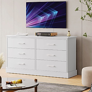 Hasuit White 6 Drawer Double Dresser for Bedroom, Wood Storage Tower Clothes Organizer, Wide Chest of 6 Drawers, Large Storage Cabinet, Dresser with Sturdy Base for Bedroom, Hallway, Entryway