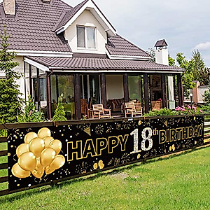 Pimvimcim Happy 18th Birthday Banner Decorations for Girls Boys - Large 18th Birthday Party Sign Backdrop - Gold 18 Year Old Birthday Party Decorations Supplies Background(9.8x1.6ft)