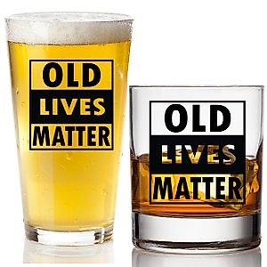 Old Lives Matter Beer Glass + Whiskey Scotch Glass - Funny Retirement or Birthday Gifts for Men - Unique Gag Gifts for Dad, Grandpa, Old Man, or Senior Citizen