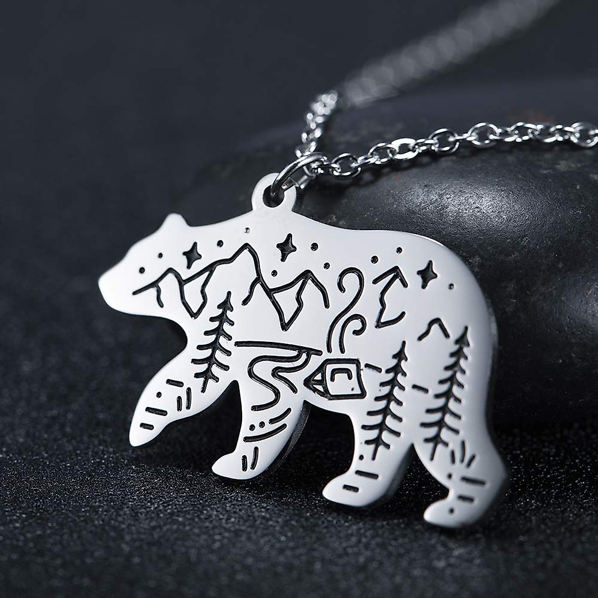 VASSAGO Stainless Steel Cute Polar Bear Necklace Engraved Mountain Forest Star Cabin Nature Animal Pendant (silver)