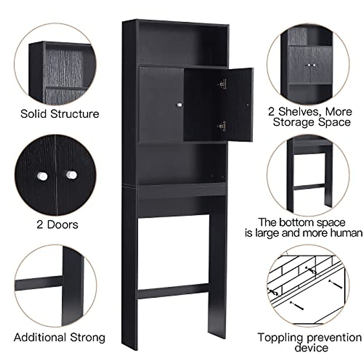 ME2 Bathroom Over The Toilet Storage Cabinet, 77'' Taller Bathroom Organizer Shelf Space-Saving Collect Cabinet with Shelves and Double Doors, Black
