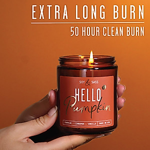 Pumpkin Spice Candle, Fall Candles - 'Hello Pumpkin' Pumpkin Candle, Autumn Scented Soy Candles for Home, Fall Scented Candles for Home, Fall Home Décor, 9oz Reusable Jar, 50Hr Burn, Made in USA
