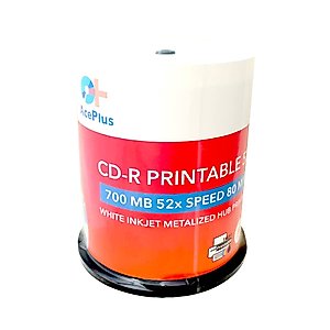 AcePlus 100 White Inkjet Hub-Printable CD-R Recordable Discs with 52x Recording Speed and 700 MBs of Data (100-pk Cakebox)