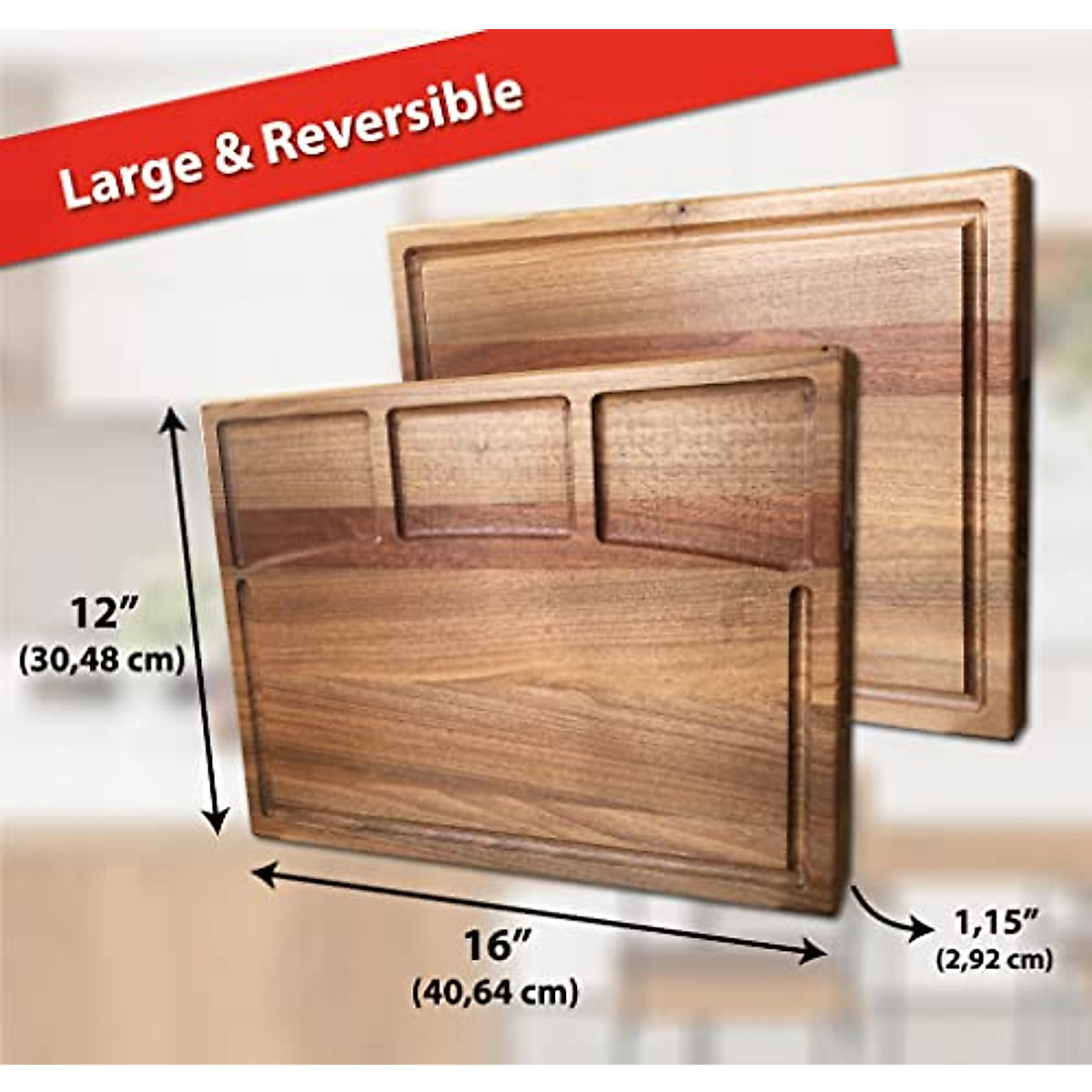Bilikolik Large Walnut Wood Cutting Board for Kitchen (16x12x1.15) - Reversible Serving Tray - Walnut Cutting Board - Butcher Block - Meat, Vegetables, Fruits, Cheese