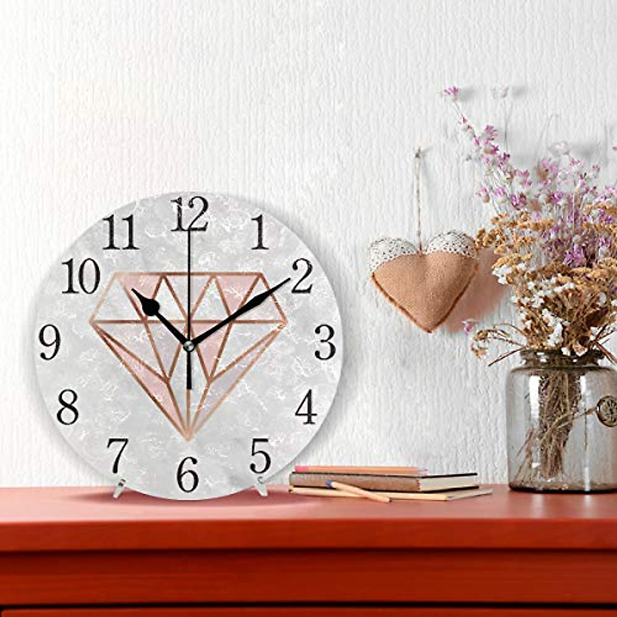 senya Wall Clock Silent 9.5 Inch Battery Operated Non Ticking Round Decorative Acrylic Quiet Clocks for Bedroom Office School Home (Rose Gold Diamond)…