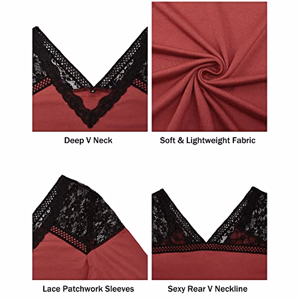 LAISHEN Women's V Neck Crochet Lace Trim Long Sleeve Casual Loose Blouses Tunic Tops(Red,M)