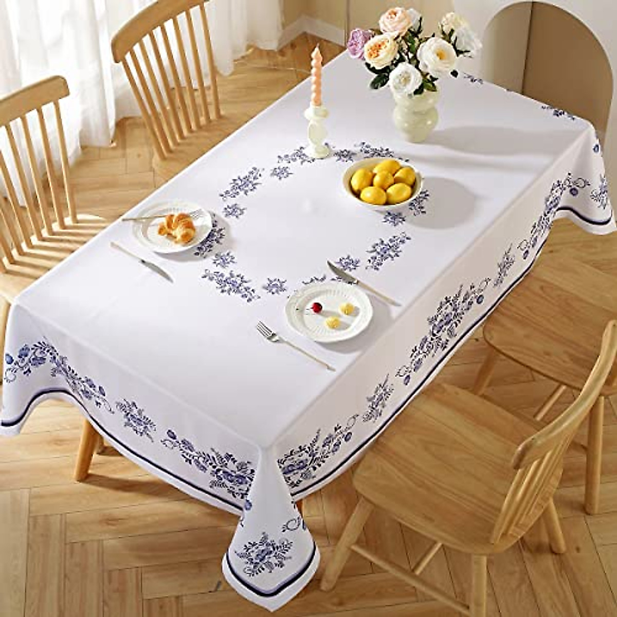 SASTYBALE Spring Ceramic/China Style Tablecloth, Blue and White Porcelain Tablecloth Spill Proof Stain Resistant Tablecloth for Kitchen Dining Picnic Party (52" x 70", Rectangle/Oblong(4-6 Seats))