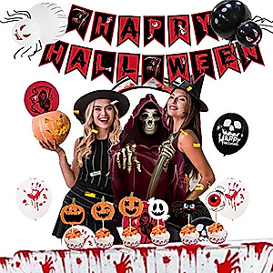 Halloween Decorations Spooky Halloween Decorations Party Supplies Includes Spider Scary Grim Reaper Balloons Bloody Happy Halloween Banner Backdrop for Indoor Outdoor Wall Window Party Decor, White