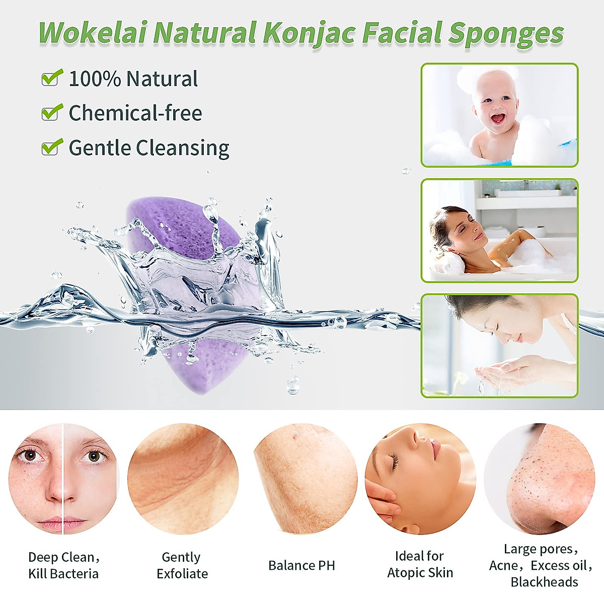 Konjac Facial Sponges for Cleansing Exfoliating - Konjac Face Sponge for Washing Face Body, Organic Natural Cleaning Puff Buff Scrubber for Shower Bath SPA for Babys Men Women