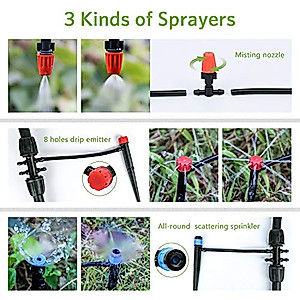 Drip Irrigation Kit, 169FT Greenhouse Watering System, 1/4 inch Automatic Patio Misting System for Garden with Distribution Tubing Hose & Adjustable Nozzle Emitters Sprinkler Barbed Fittings