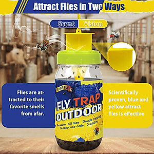 Glovv 2 Pack Reusable Fly Traps Outdoor Jar with Natural Flies Trap Refill and Sponge Brush, Bug Catcher and Ranch Fly Hunter Insect Repellent Killer for Stable Horse, Garden